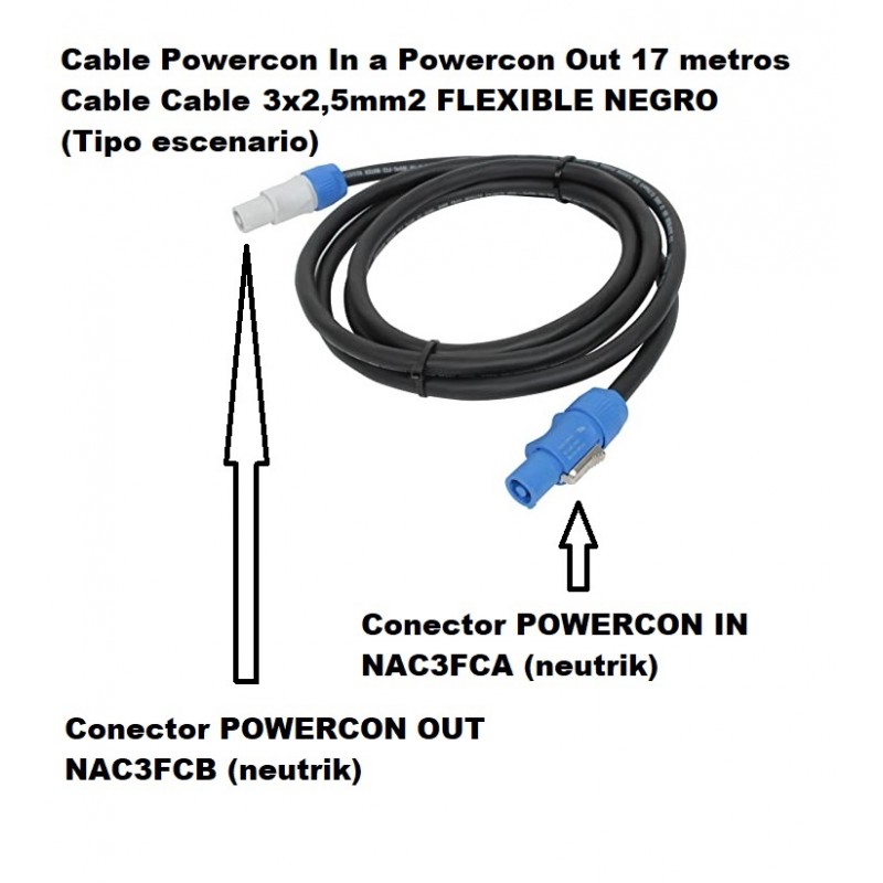 CABLE Neutrik POWERCON IN Azul NAC3FCA / OUT Gris NAC3FCB 17 Metros Co