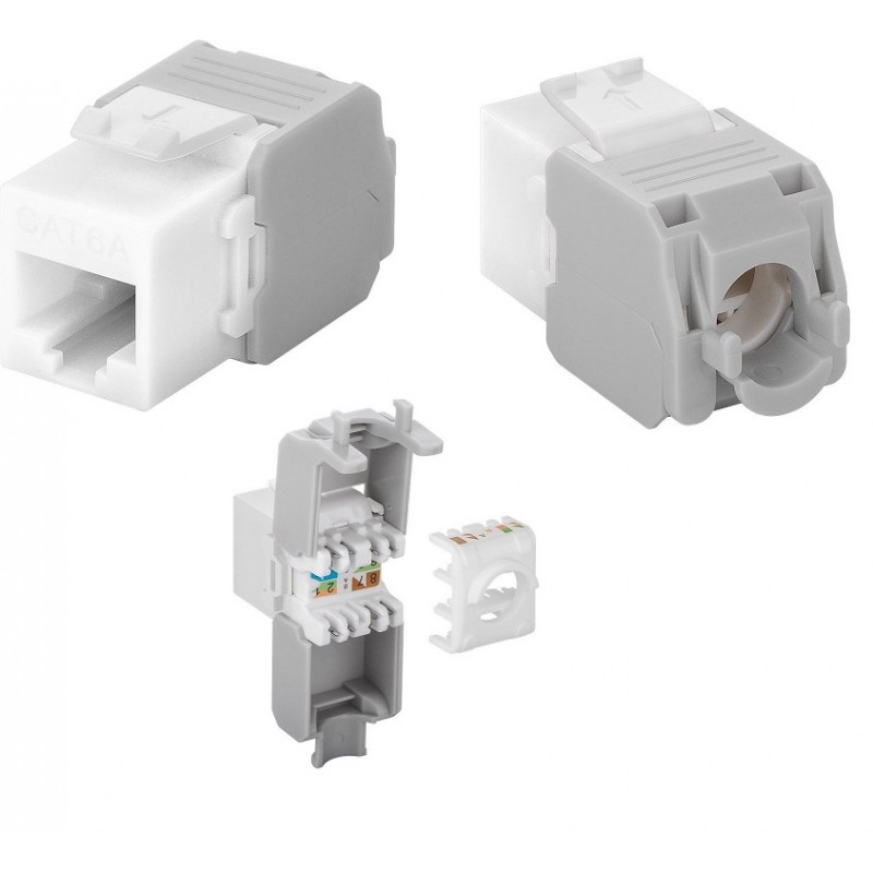 CONECTOR RJ45 HEMBRA UTP CAT6A BLANCO SALIDA DE CABLE REDONDA